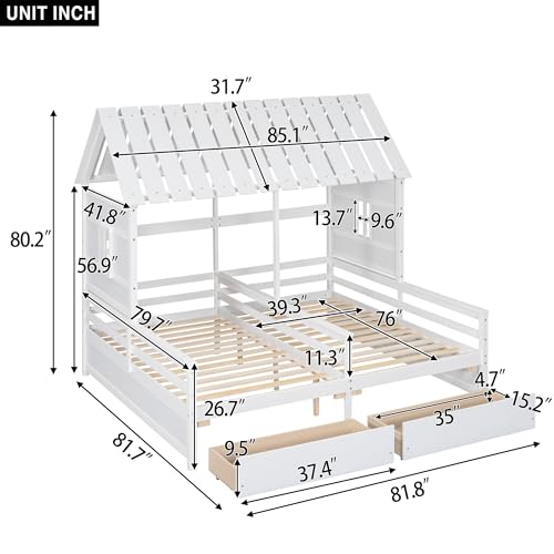 DEYOBED Wooden Double Shared Bed, Twin Size House Bed with 2 Storage Drawers Roof Design, House Platform Bed for Kids, Boys and Girls, Combination of 2 Side by Side Twin Size Beds, White