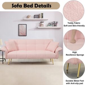 AZSJML Futon Sofa Bed, Teddy Sleeper Sofa Couch, 70" W Modern Tufted Sofa Couch with Adjustable Arms and Backrests for Living Room,Small Spaces,Bedroom,Pink