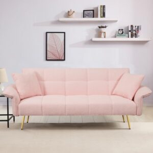 azsjml futon sofa bed, teddy sleeper sofa couch, 70" w modern tufted sofa couch with adjustable arms and backrests for living room,small spaces,bedroom,pink