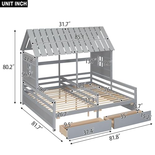 DEYOBED Wooden Double Shared Bed, Twin Size House Bed with 2 Storage Drawers Roof Design, House Platform Bed for Kids, Boys and Girls, Combination of 2 Side by Side Twin Size Beds, Gray