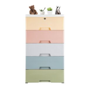 pxolerig plastic drawers dresser, storage cabinet with 5 drawers,closet drawers tall dresser organizer for clothes,playroom,bedroom furniture, large containers organizer unit(macaron color)