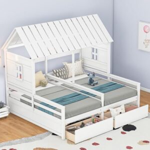 deyobed wooden double shared bed, twin size house bed with 2 storage drawers roof design, house platform bed for kids, boys and girls, combination of 2 side by side twin size beds, white