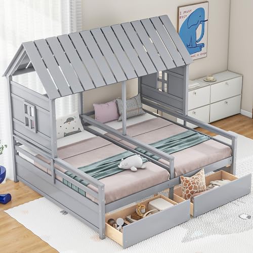 DEYOBED Wooden Double Shared Bed, Twin Size House Bed with 2 Storage Drawers Roof Design, House Platform Bed for Kids, Boys and Girls, Combination of 2 Side by Side Twin Size Beds, Gray