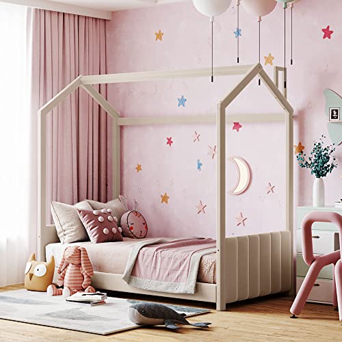 DEYOBED Twin Size Velvet House Bed, Wooden Floor Bed with Upholstered Headboard and Footboard w/Strips, Wood Bed with Roof for Kids, Boys and Girls, Beige