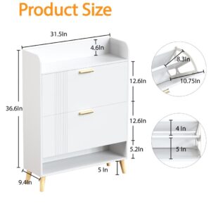 Garden 4 you Shoe Cabinet with 2 Flip Drawers, Freestanding Shoe Cabinet Organizer with Wooden Leg, Narrow Shoes Storage Cabinet for Entryway, Hallway, Living Room, Bedroom (White)