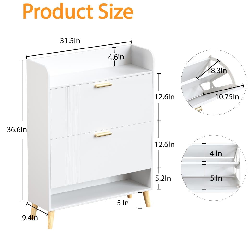 Garden 4 you Shoe Cabinet with 2 Flip Drawers, Freestanding Shoe Cabinet Organizer with Wooden Leg, Narrow Shoes Storage Cabinet for Entryway, Hallway, Living Room, Bedroom (White)