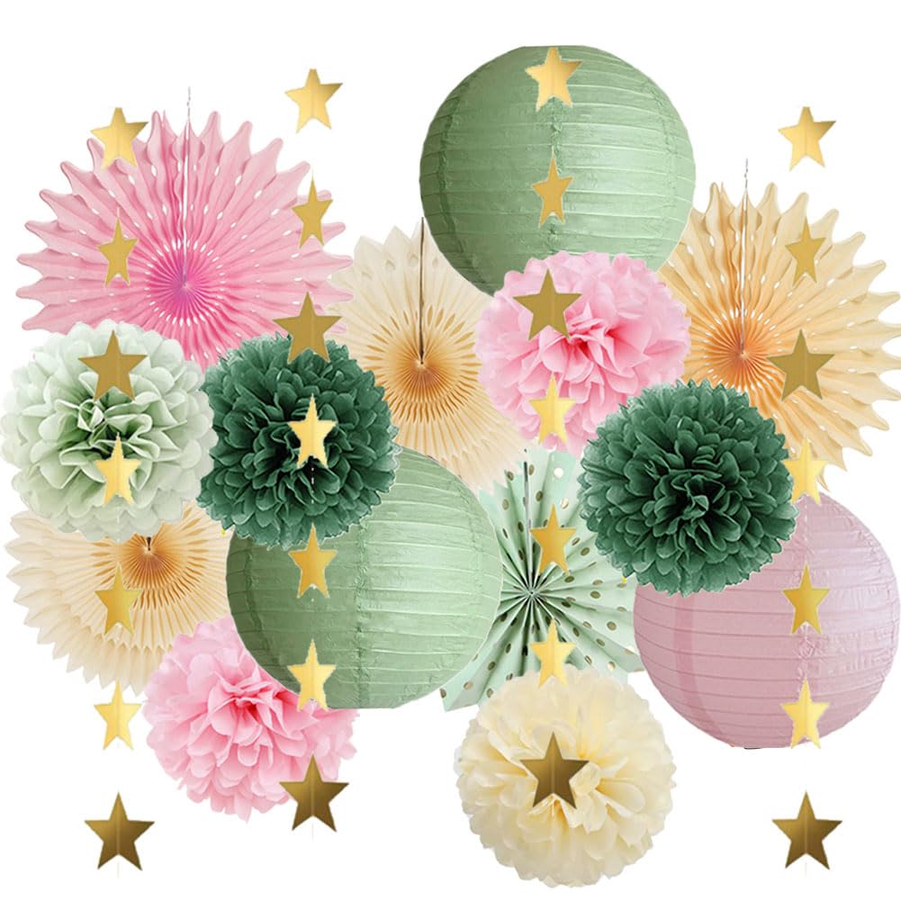 Sage Green and Pink Party Decorations Olive Tissue Paper Pom Poms Light Pink Paper Lanterns Cream Fans for Sage Green and Pink Birthday Party Decorations Baby Shower Bridal Shower Wedding Engagement