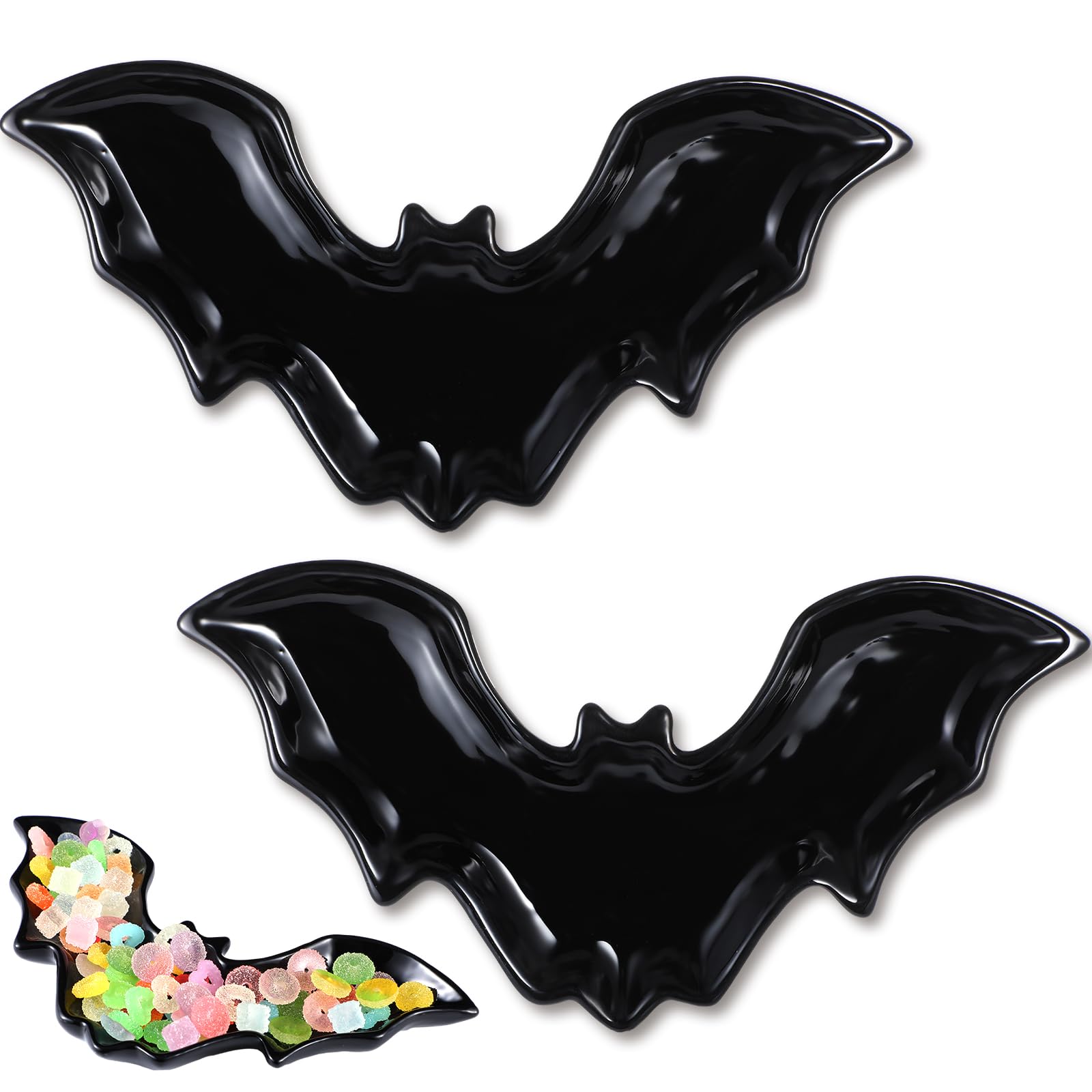 Teenyyou 2 Pcs Halloween Bat Serving Tray Ceramic Bat Plates Black Bat Desk Dessert Display Platters Halloween Trick or Treat Decor for Indoor Outdoor Home Halloween Bat Birthday Party Gift Decoration