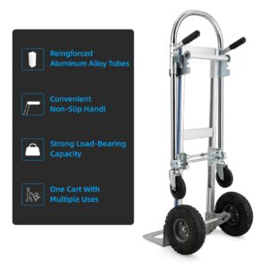 GarveeTech Convertible Hand Truck Dolly Platform Cart, Heavy Duty Industrial Collapsible Cart, Aluminum Dolly Cart with 2 Rubber Wheels & 2 Rotate Wheels for Luggage Moving Warehouse Supermarket