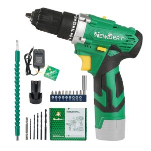 newbeat cordless drill set, 12v power drill driver with 1 battery and charger, 3/8" keyless chuck, 2 variable speed, 15+1 torque setting electric drill, drill driver kit for home and diy project