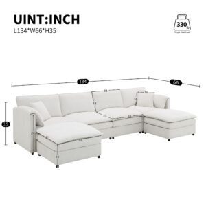 Modern 6-Seat Chenille Modular Sectional Sofa for Living Room, U-Shaped Cloud Couch Set with Double Cushions,Ottomans Cream