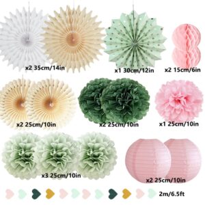 Sage Green and Pink Party Decorations Olive Sage Green Pink Paper Pom Poms Paper Fans Sage Pink Gold Love Heart Garland for Women Girls Sage Pink Birthday Baby Shower Wedding Bridal Shower Party Decor