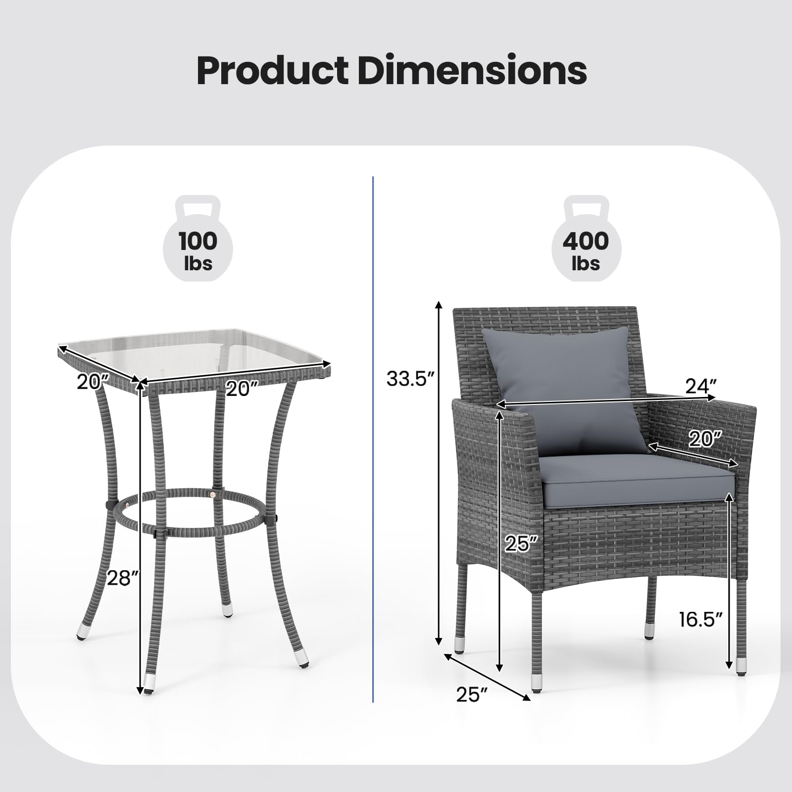 KOTEK 3 Pieces Patio Furniture Set, PE Rattan Outdoor Conversation Set with Tempered Glass Table & Soft Cushions, Wicker Bistro Set for Garden, Porch, Balcony (Grey)