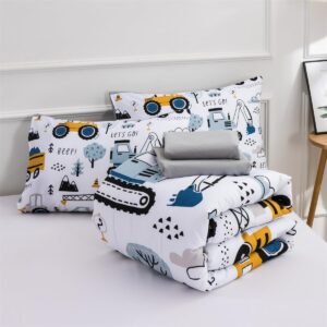 NTBED 5 Pieces Construction Truck Full Comforter Set for Boys Kids Forest Vehicles Excavator Lightweight Microfiber Bedding Sets