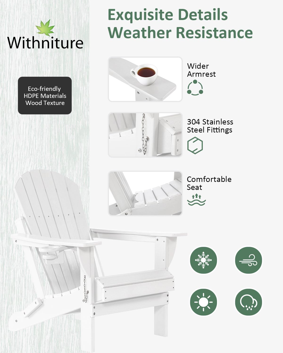 Withniture Folding Adirondack Chairs, HDPE Adirondack Chair Wood Texture Plastic Adirondack Chairs with Cup Holder, Weather Resistant Fire Pit Chairs for Backyard Deck, White