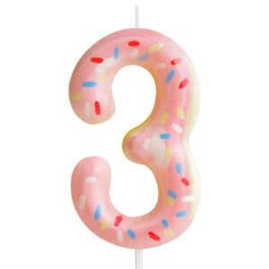 girls pink donut 3rd birthday candle,colorful sprinkles number 3 candles,happy 3rd birthday candle cake decorations for boys girls baby shower anniversary party celebration supplies