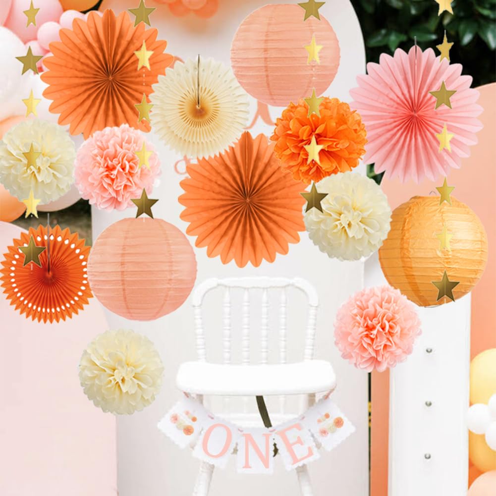 Beige Orange Peach Fall Party Decorations Boho Orange Peach Birthday Decorations Paper Fans Lanterns Peach and Cream Party Decorations for Autumn Baby Shower Bridal Shower Wedding Engagement Party