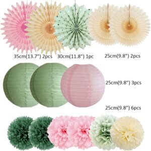 Sage Green and Pink Party Decorations Olive Tissue Paper Pom Poms Light Pink Paper Lanterns Cream Fans for Sage Green and Pink Birthday Party Decorations Baby Shower Bridal Shower Wedding Engagement