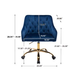 Warmiehomy Velvet Desk Chair with Wheels, Gold Base Office Chair Adjustable Ergonomic Computer Chair Tufted Back Swivel Vanity Chair for Office Living Room Bedroom,Navy