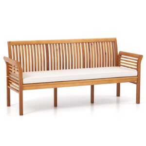 relax4life 62.5’’ outdoor bench acacia wood - 3-person patio bench w/backrest, armrests & removable seat cushion, slatted wooden garden bench for front porch park backyard, 1200 lbs weight capacity