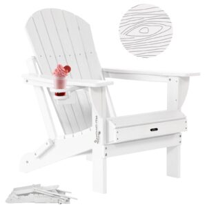 withniture folding adirondack chairs, hdpe adirondack chair wood texture plastic adirondack chairs with cup holder, weather resistant fire pit chairs for backyard deck, white