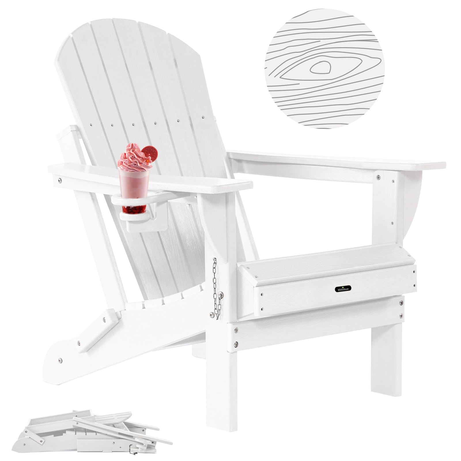 Withniture Folding Adirondack Chairs, HDPE Adirondack Chair Wood Texture Plastic Adirondack Chairs with Cup Holder, Weather Resistant Fire Pit Chairs for Backyard Deck, White