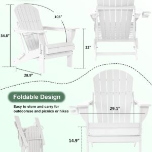 Withniture Folding Adirondack Chairs, HDPE Adirondack Chair Wood Texture Plastic Adirondack Chairs with Cup Holder, Weather Resistant Fire Pit Chairs for Backyard Deck, White