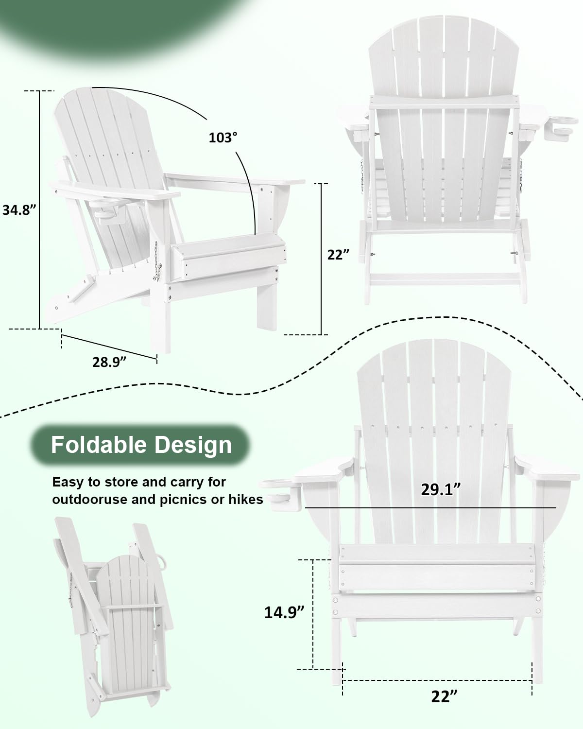 Withniture Folding Adirondack Chairs, HDPE Adirondack Chair Wood Texture Plastic Adirondack Chairs with Cup Holder, Weather Resistant Fire Pit Chairs for Backyard Deck, White