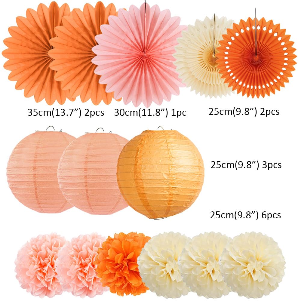 Beige Orange Peach Fall Party Decorations Boho Orange Peach Birthday Decorations Paper Fans Lanterns Peach and Cream Party Decorations for Autumn Baby Shower Bridal Shower Wedding Engagement Party