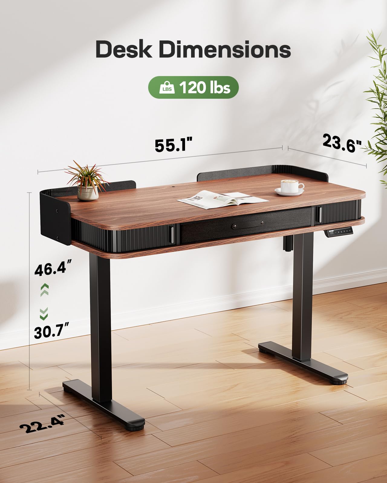 Marsail Electric Standing Desk Whole-Piece Desktop 55 x 28 Inches Height Adjustable Desk with 3 Drawers Home Office Table with 3 Memory Preset