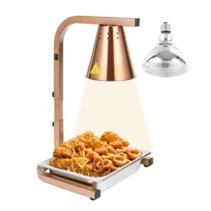 restlrious food heat lamp freestanding commercial head food warmer, gold frame stainless steel 120v electric fan-shaped lampshade food heat lamp with 250w bulb & 1/2 food pan, for buffet food service