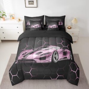 feelyou race car twin comforter set with sheets for kids boys girls honeycomb speed sports car bed in a bag pink extreme sports bedding set 7 piece bedroom decor geometry hexagon theme bed set