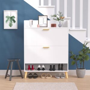 Garden 4 you Shoe Cabinet with 2 Flip Drawers, Freestanding Shoe Cabinet Organizer with Wooden Leg, Narrow Shoes Storage Cabinet for Entryway, Hallway, Living Room, Bedroom (White)