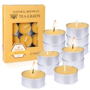 natural beeswax tealight candles in metal aluminum cup - organic small candle natural scent smokeless 4-5 hours long burning - yellow, pack of 12