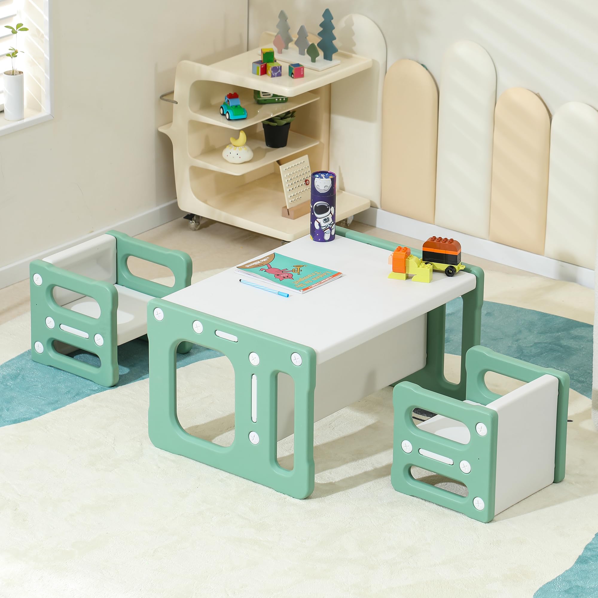 IFLETH Table and Chair Set, Height-Adjustable Toddler Table and Chair Set, Montessori Table Chair for Ages 3-8, Toddler Chairs for Table, Childrens Table for Classroom, Green