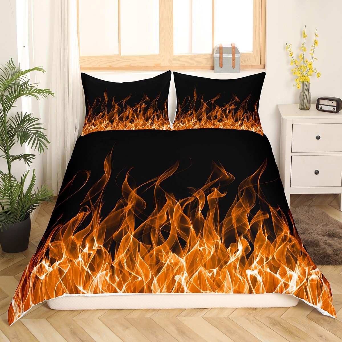 Feelyou Flame Duvet Cover Set Kawaii Decor Bedding Set for Kids Boys Women Orange Flame Comforter Cover Set Chic Quilt Cover with 2 Pillowcases 3Pcs Bedding King