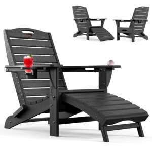 ciokea folding adirondack chair with retractable ottoman fire pit patio chair with pull out foot rest weather resistant lawn outdoor lounge chair with 2 cup holder (black)