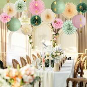 Sage Green and Pink Party Decorations Olive Tissue Paper Pom Poms Light Pink Paper Lanterns Cream Fans for Sage Green and Pink Birthday Party Decorations Baby Shower Bridal Shower Wedding Engagement