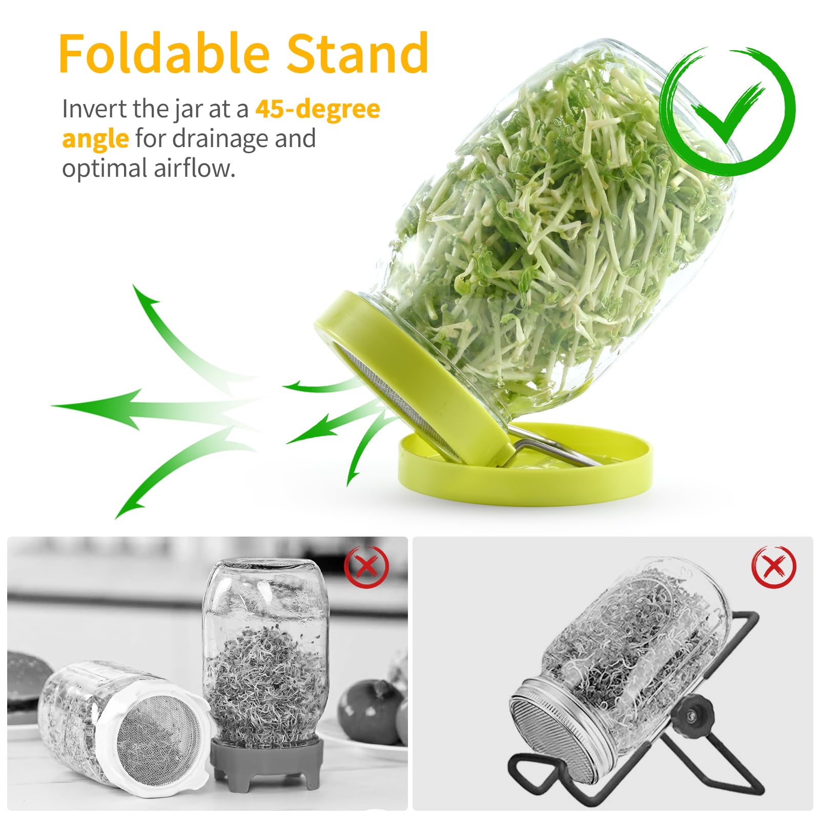 Sprouting Lid, Plastic Mesh Screen Cover Cap with Draining Stand and Tray, Germination Kit Sprouter Maker for Wide Mouth Jars, Grow Bean Sprouts, Broccoli Seeds, Alfalfa, Salad Greens