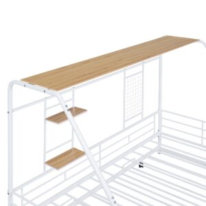 Linique Twin Size Metal House Bed with Trundle,Twin Size Platform Metal Bedframes with Built-in Shelf and Grid,White