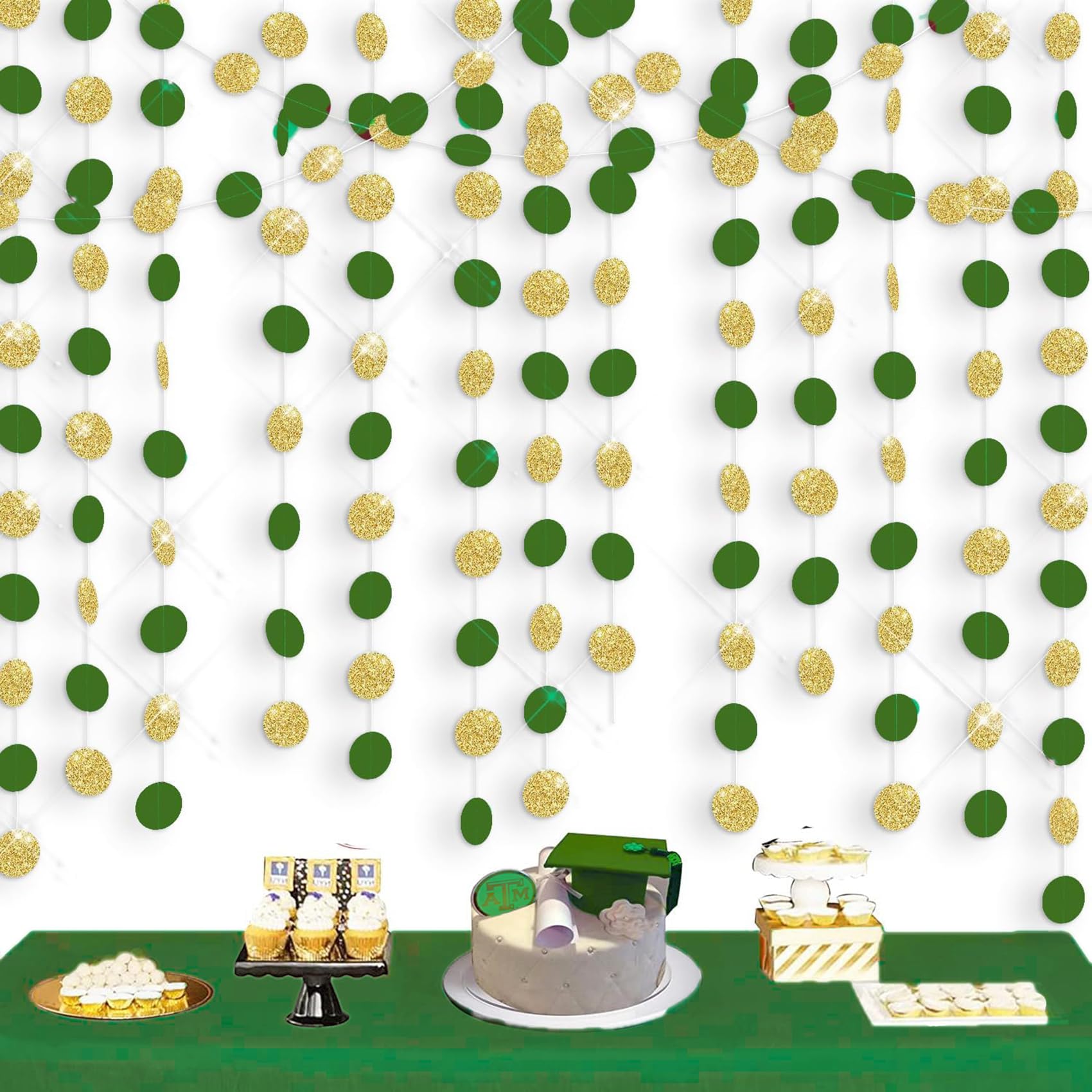 Graduation Party Decorations Green Gold 2024/Green Gold Graduation Decorations/Glitter Gold Green Birthday Party Decorations/St. Patrick’s Day Decorations/2pcs Paper Circle Garlands