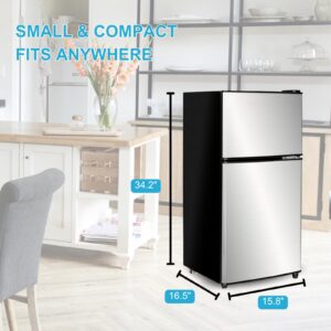 Fox Shack Compact Fridge Mini Refrigerator with Freezer, 3.2 Cu Ft 2 Doors Refrigerators, Low noise, Energy-efficient, for Apartment, Dorm, Kitchens, Office and Bedroom, Silver