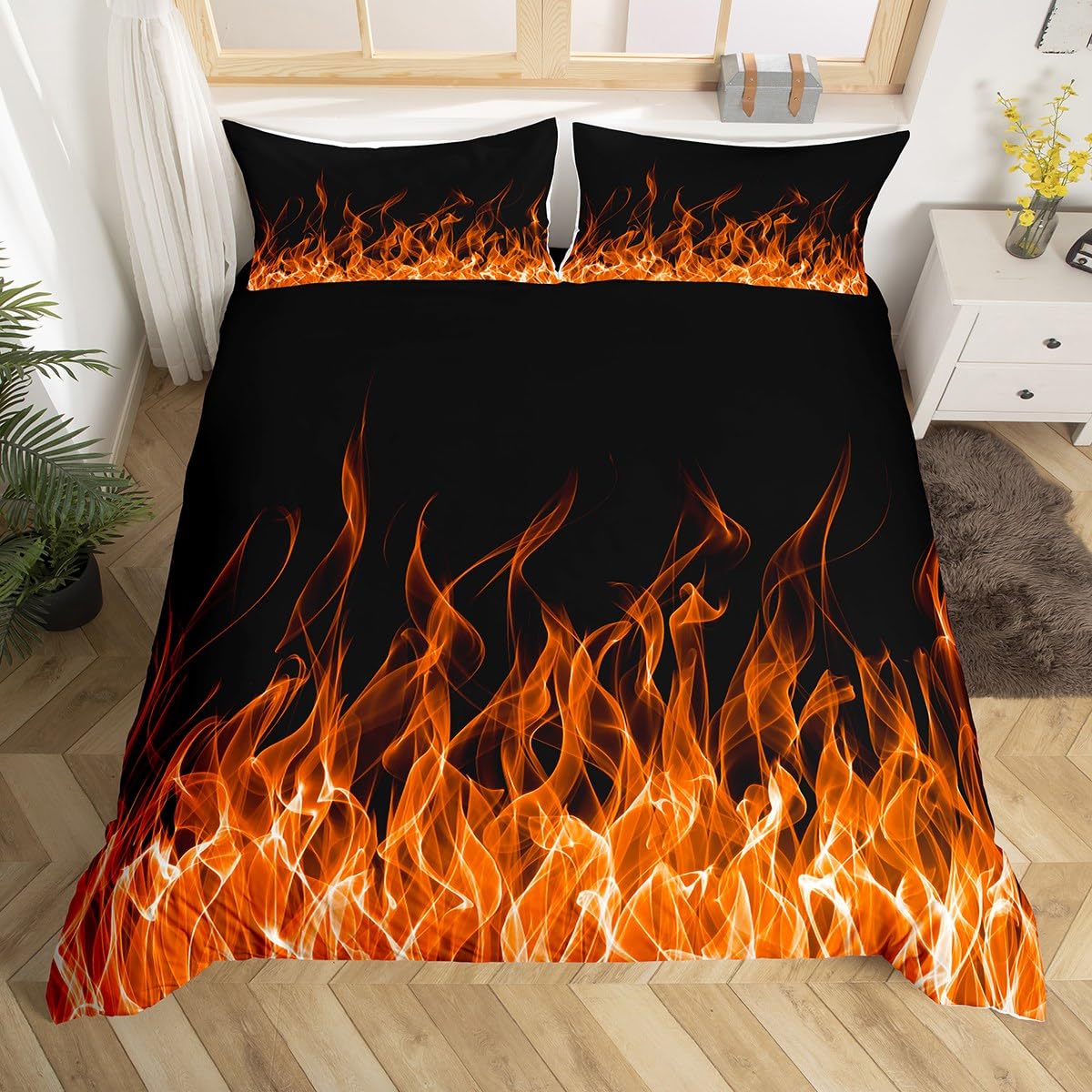 Feelyou Flame Duvet Cover Set Kawaii Decor Bedding Set for Kids Boys Women Orange Flame Comforter Cover Set Chic Quilt Cover with 2 Pillowcases 3Pcs Bedding King