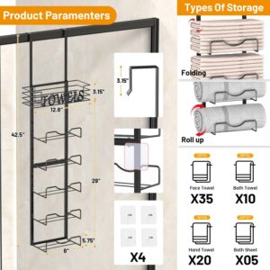 Over The Door Towel Racks for Bathroom,6-Tier Rolled Or Folded Towel Rack Wall Mounted with Metal Shelf, Bathroom Towel Holder Organizer for Bath, Hand Towels, Black