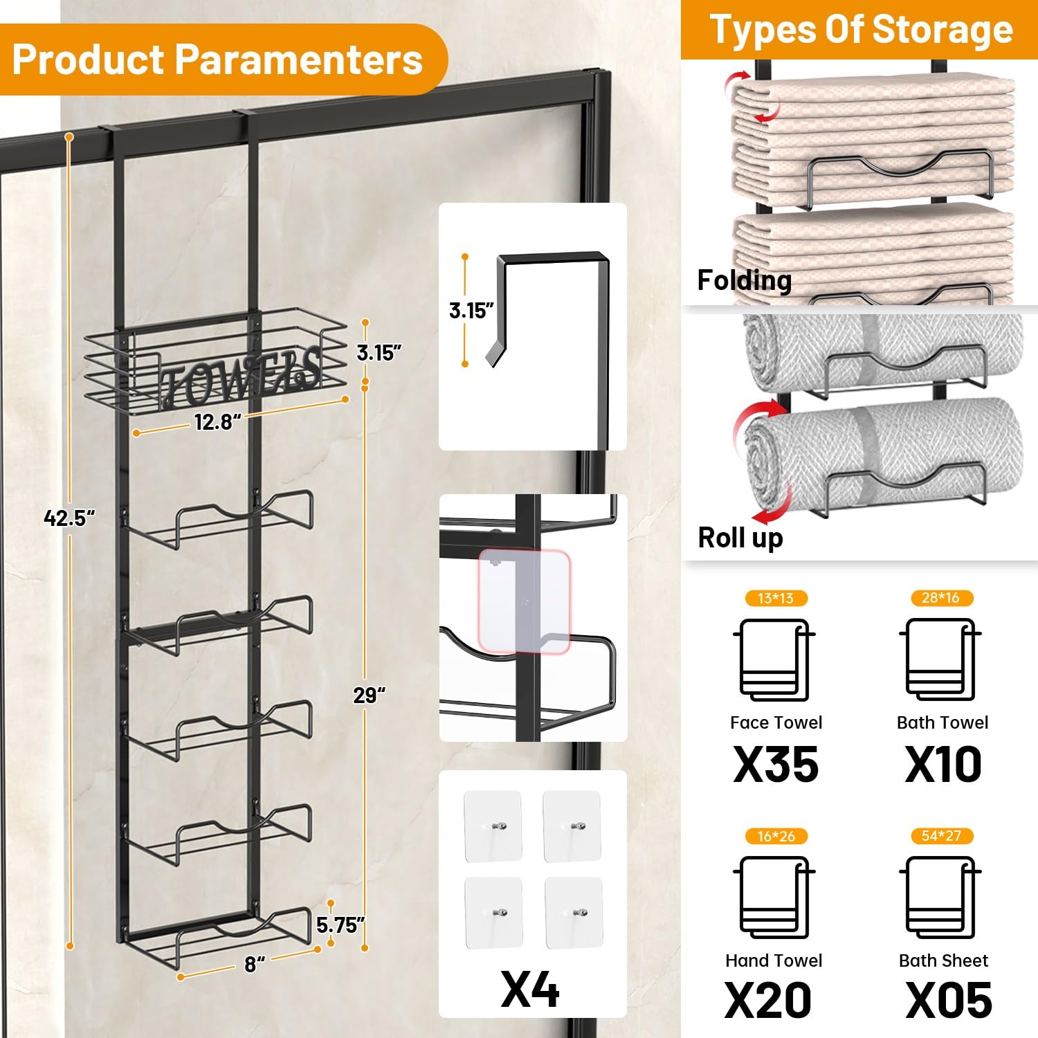 Over The Door Towel Racks for Bathroom,6-Tier Rolled Or Folded Towel Rack Wall Mounted with Metal Shelf, Bathroom Towel Holder Organizer for Bath, Hand Towels, Black