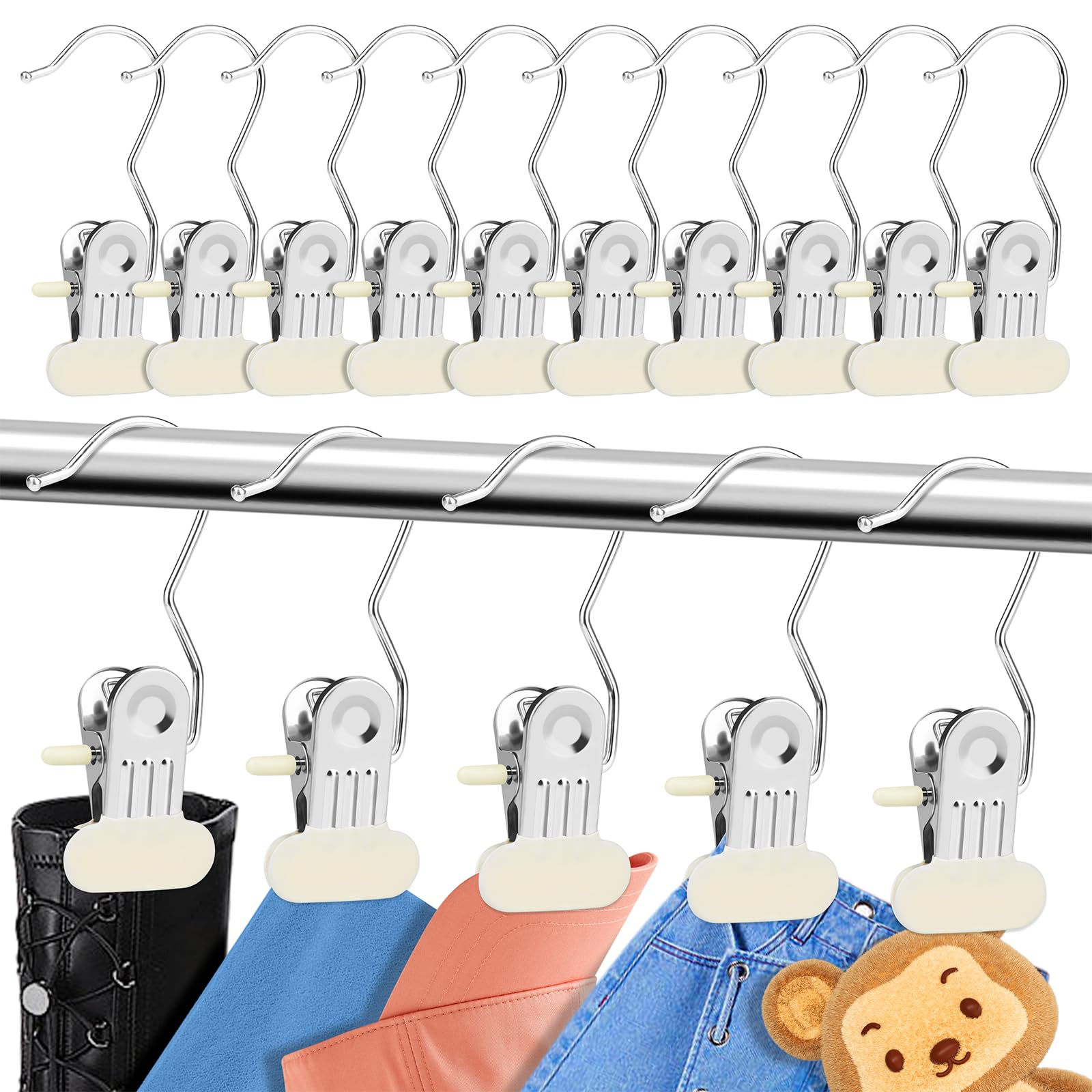 10Pcs Clips for Hanging, Premium Boot Hanger Clips, Portable Clothes Pins Laundry Clips for Pants Socks Boots Dolls, Space-Saving Hook Clips Laundry Hooks for Closet Travel Workout, Single Metal Clips