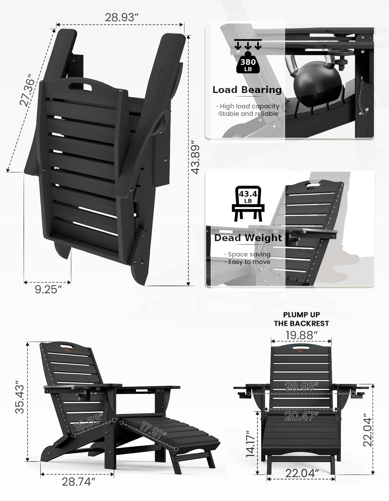 Ciokea Folding Adirondack Chair with Retractable Ottoman Fire Pit Patio Chair with Pull Out Foot Rest Weather Resistant Lawn Outdoor Lounge Chair with 2 Cup Holder (Black)