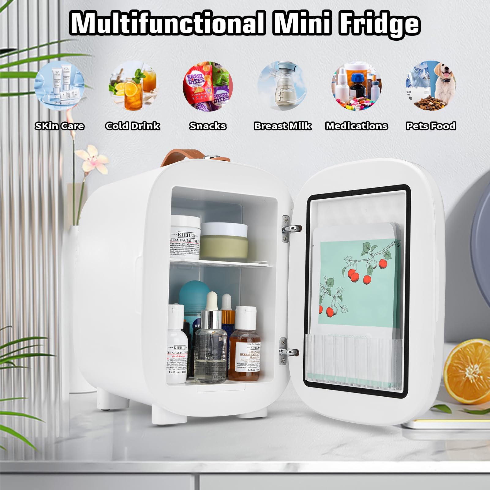 Hansburg Mini Fridge for Bedroom Mirror Skincare Cooler & Warmer Portable Small Refrigerator 4 Liter/6 can with 12v AC/DC/USB Option for Food, Drinks, Makeup, Dorm, Office and Car