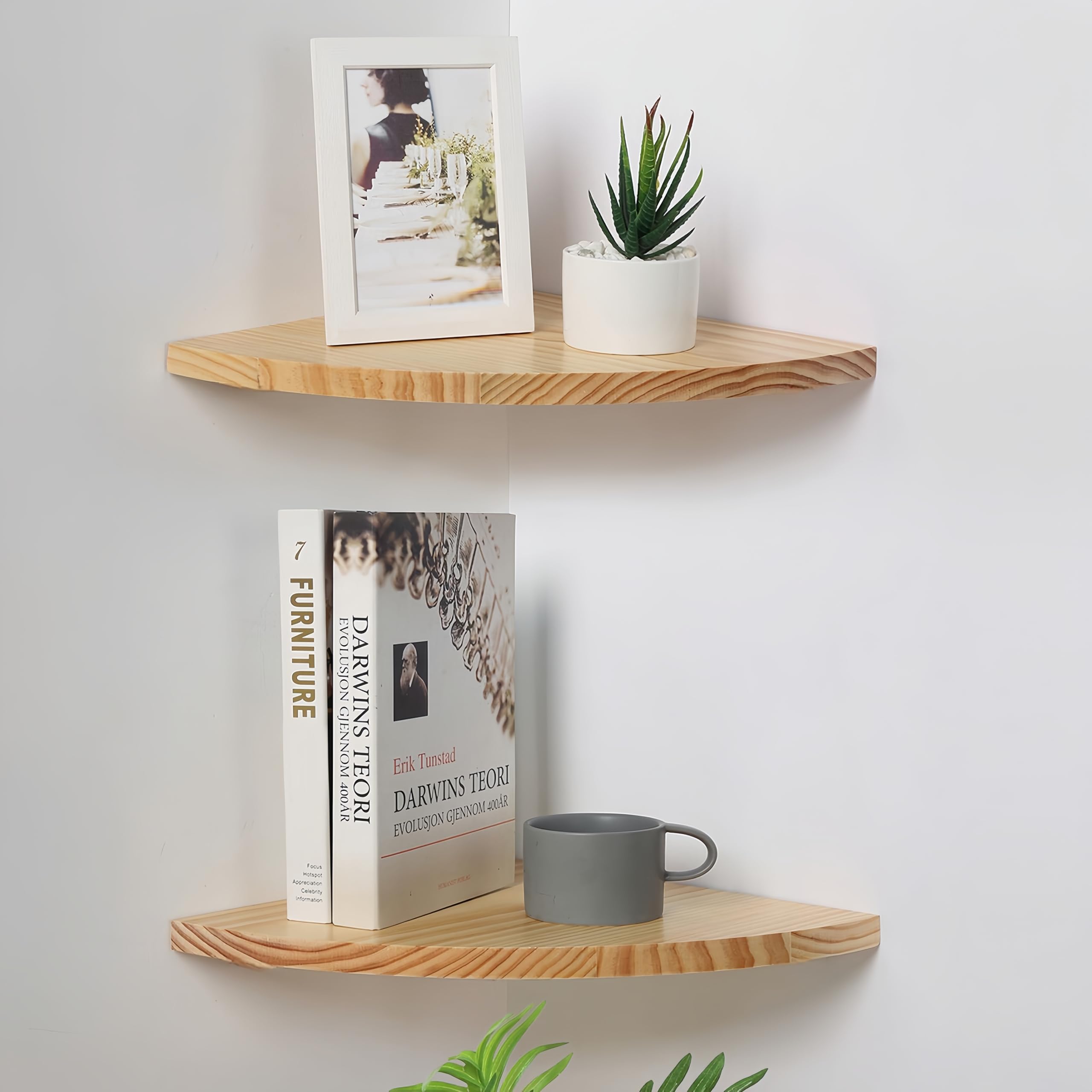 DUICIRX Waterproof Natural Wood Corner Wall Shelves Set of 2, Rustic Wood Corner Floating Shelves with Cable Raceway for Bathroom Kitchen Study Bedroom (10 Inch, Fan-Shaped)