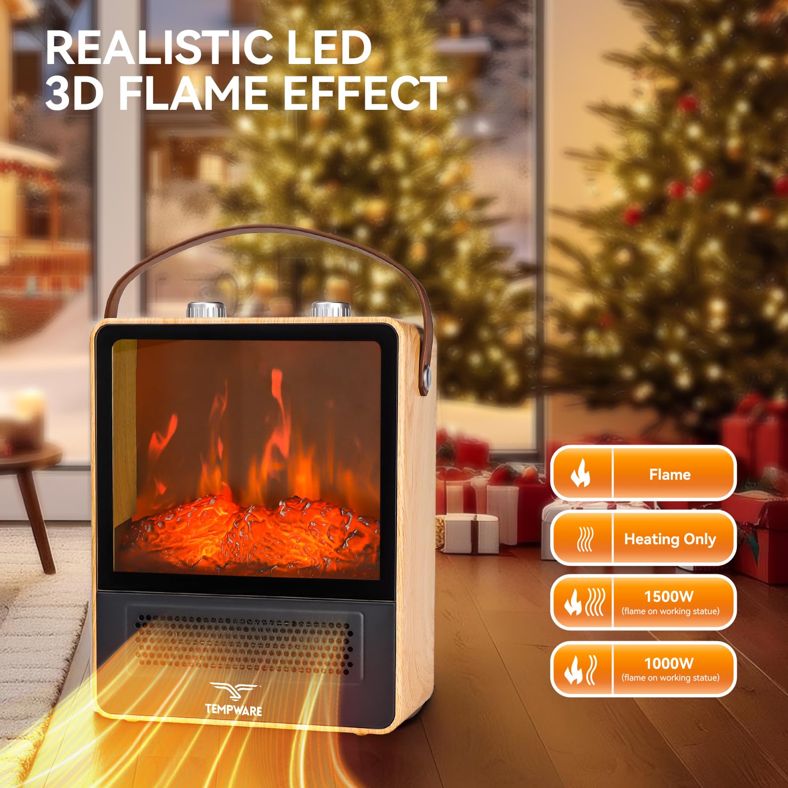 TEMPWARE Electric Fireplace Heater, 1500W Portable Space Heater, Fireplace with Realistic 3D Flame Effect and Overheating Safety Protection, Quiet and Safe for Indoor Use Office Bedroom, Oak